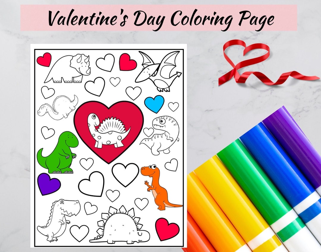 Valentine's Day Heart Coloring Page, Dinosaur Coloring Page, Cute ...