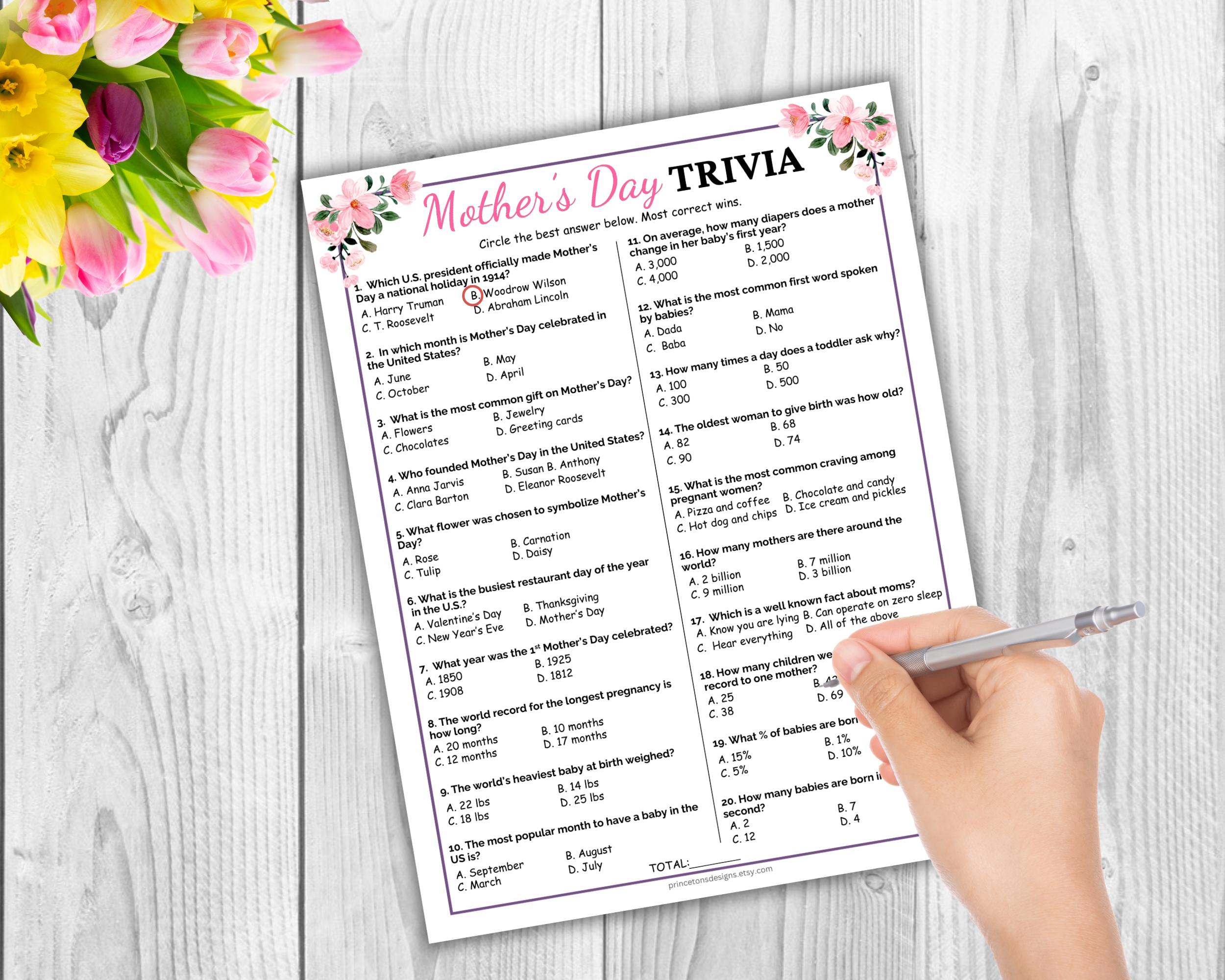 Mother's Day Trivia, Mothers Day Game, Printable Mother's Day Party ...