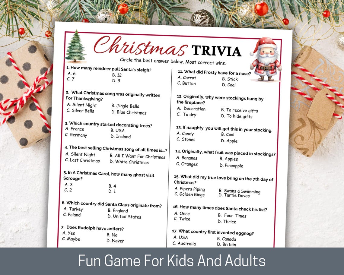 Christmas Trivia Game, Printable Christmas Party Games, Holiday Office ...
