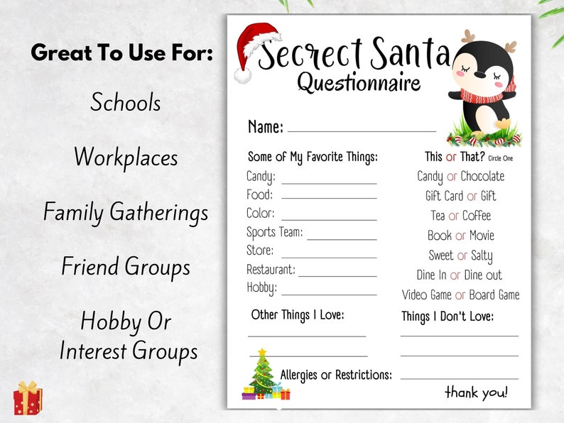 Secret Santa Questionnaire Printable, Secret Santa Form, Christmas Wish ...