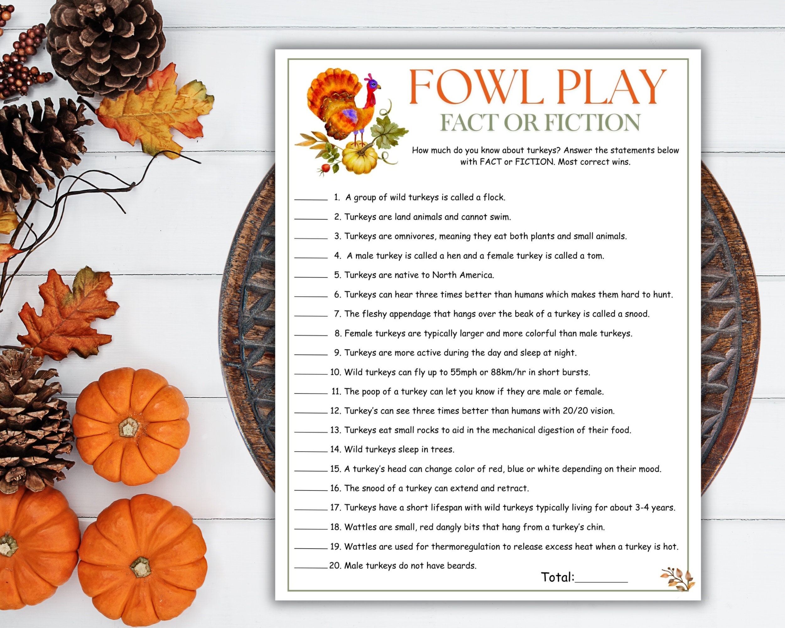 Thanksgiving Trivia Game, Fowl Play Fact or Fiction Turkey Trivia Game ...
