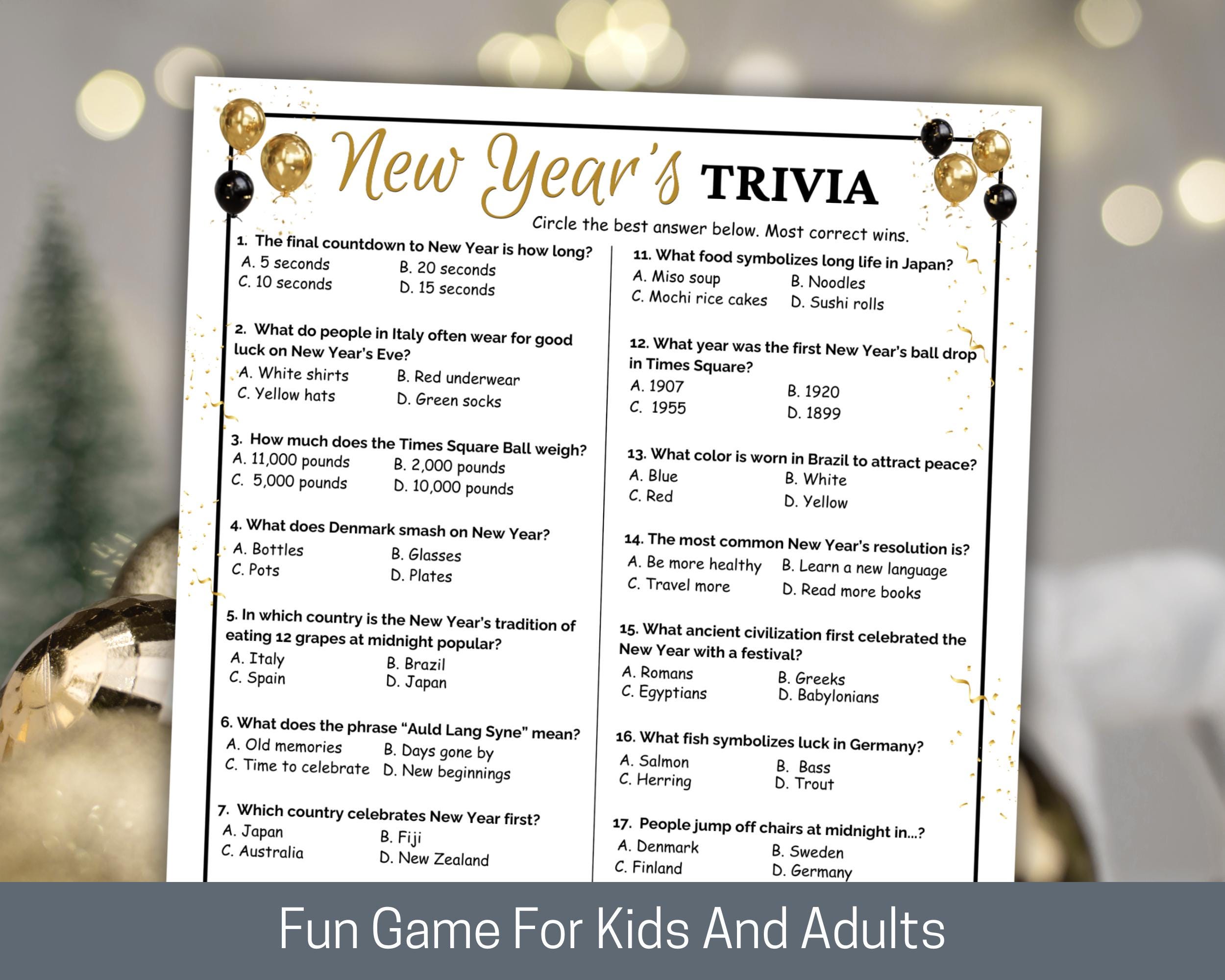 New Year Trivia, New Years Eve Game, Printable New Year Game, Trivia ...