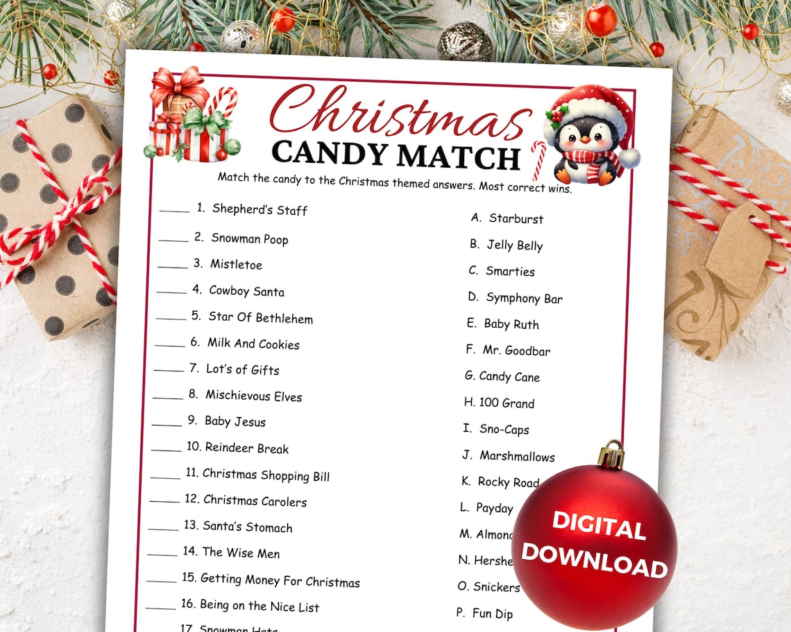 Christmas Candy Match Trivia Game, Holiday Trivia Game, Printable ...