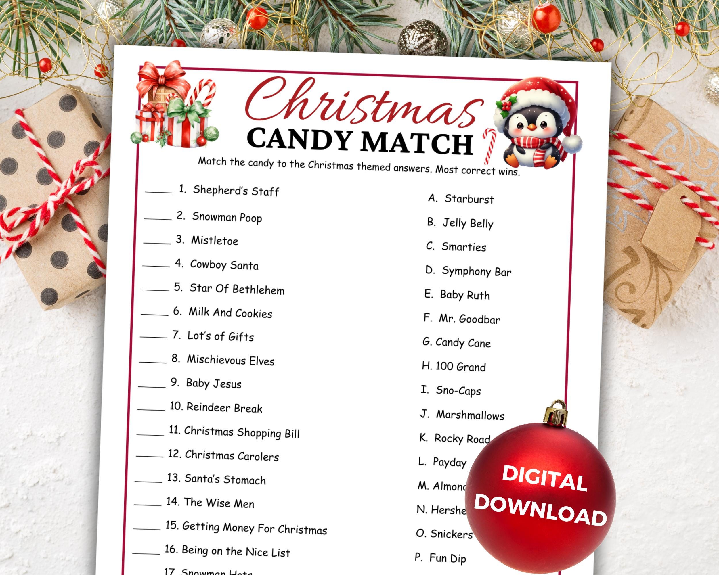 Christmas Candy Match Trivia Game, Holiday Trivia Game, Printable ...