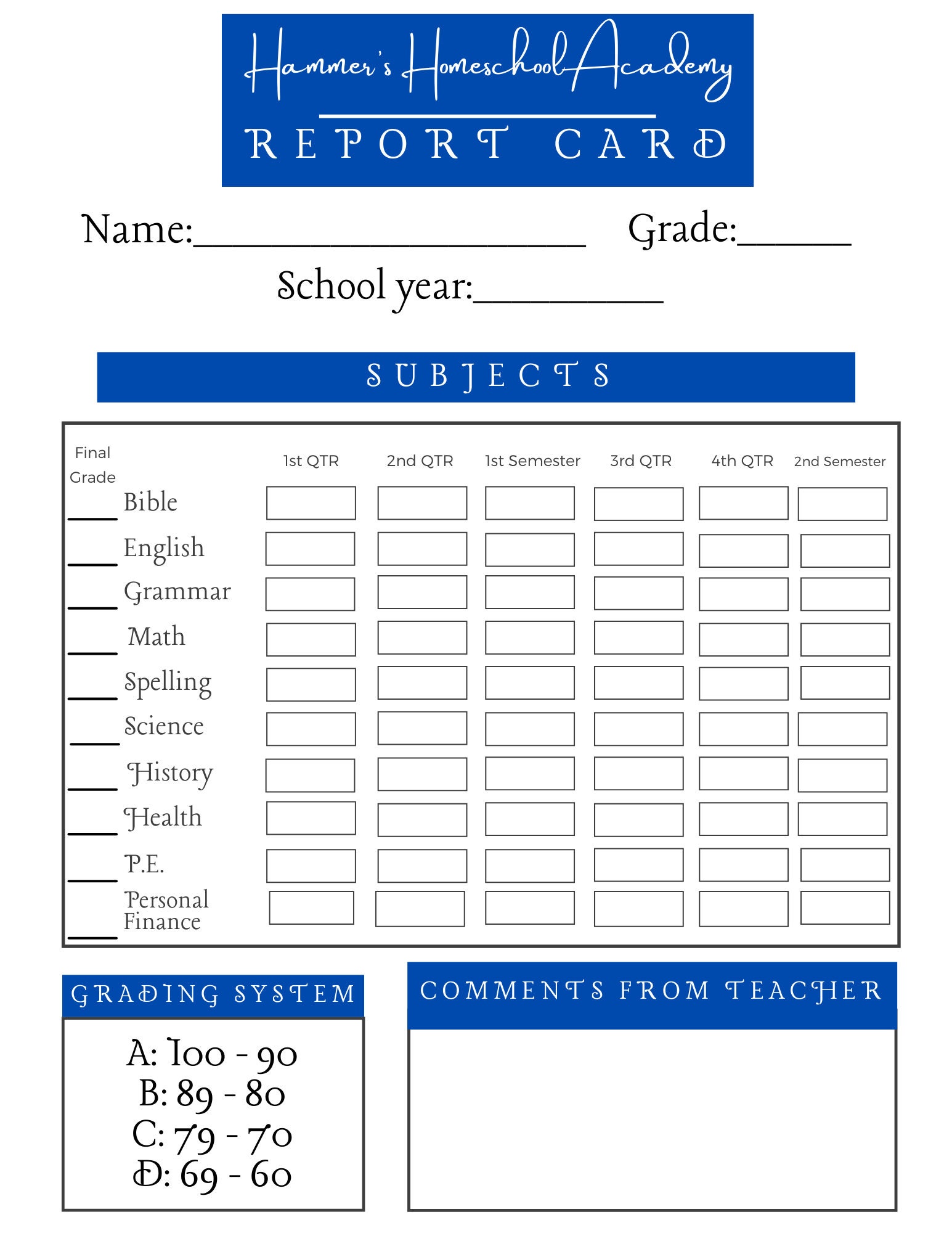 PRINTABLE Homeschool Report Card - Etsy