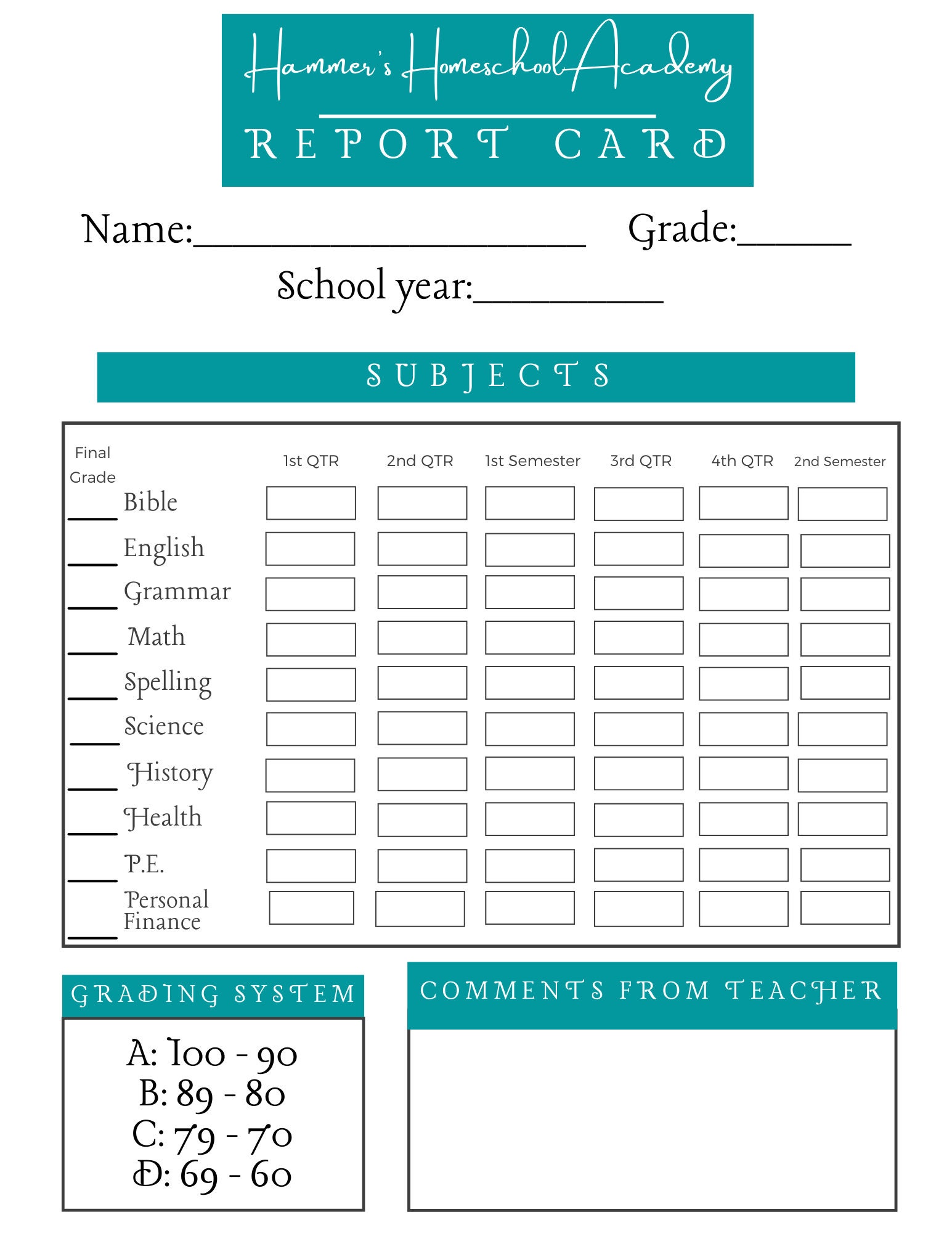 PRINTABLE Homeschool Report Card - Etsy