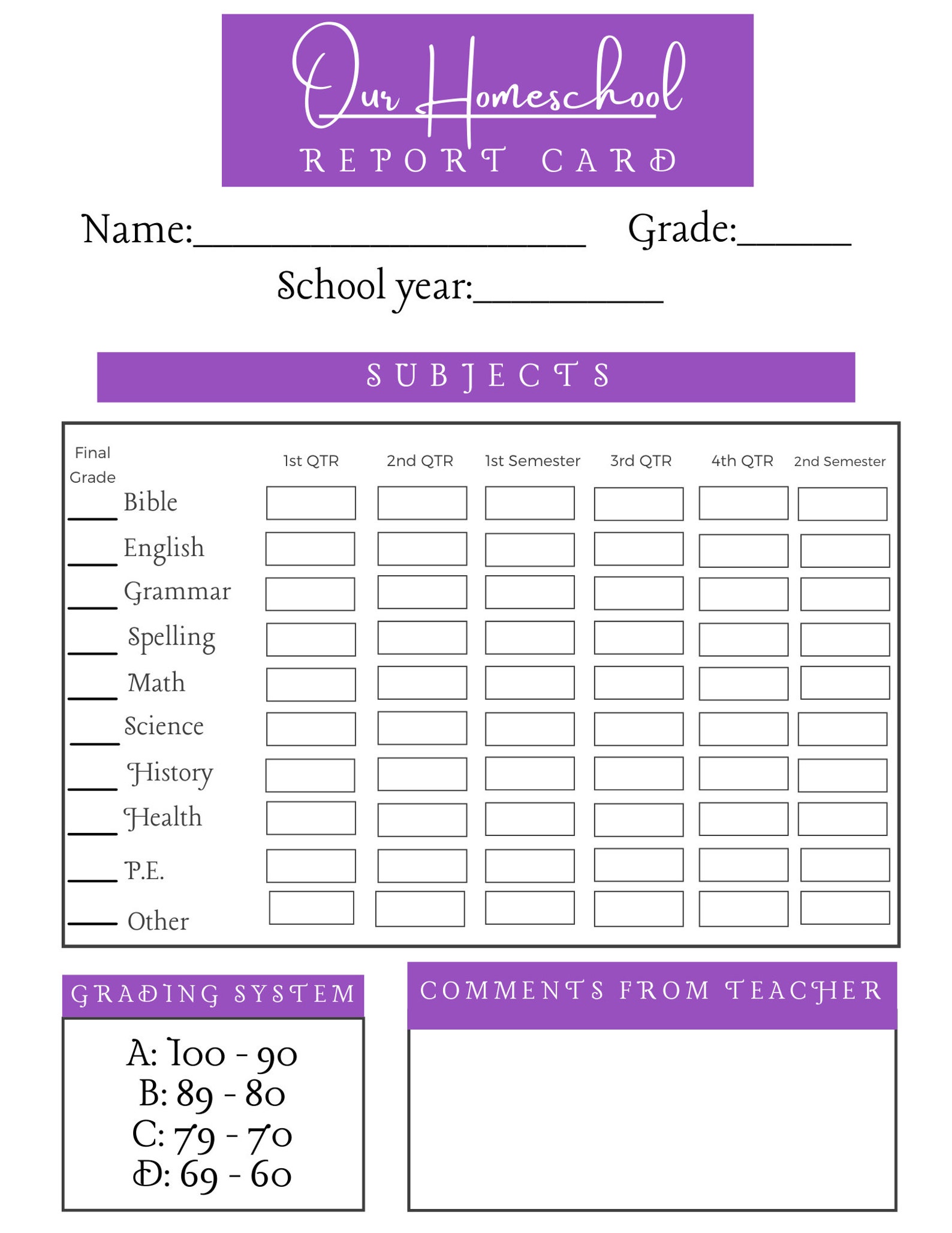 INSTANT DOWNLOAD Printable Homeschool Report Card - Purple - Etsy