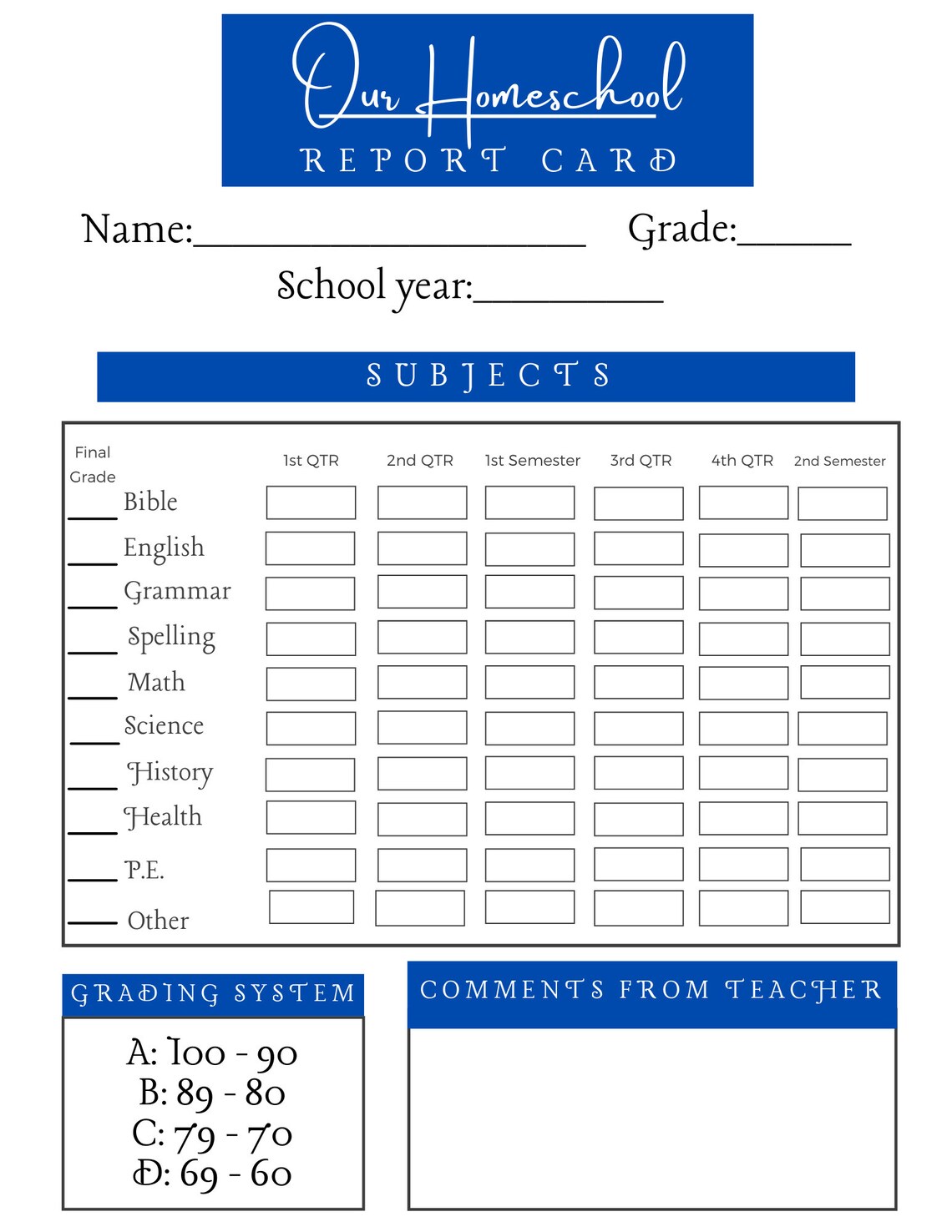 INSTANT DOWNLOAD Printable Homeschool Report Card - Blue - Etsy