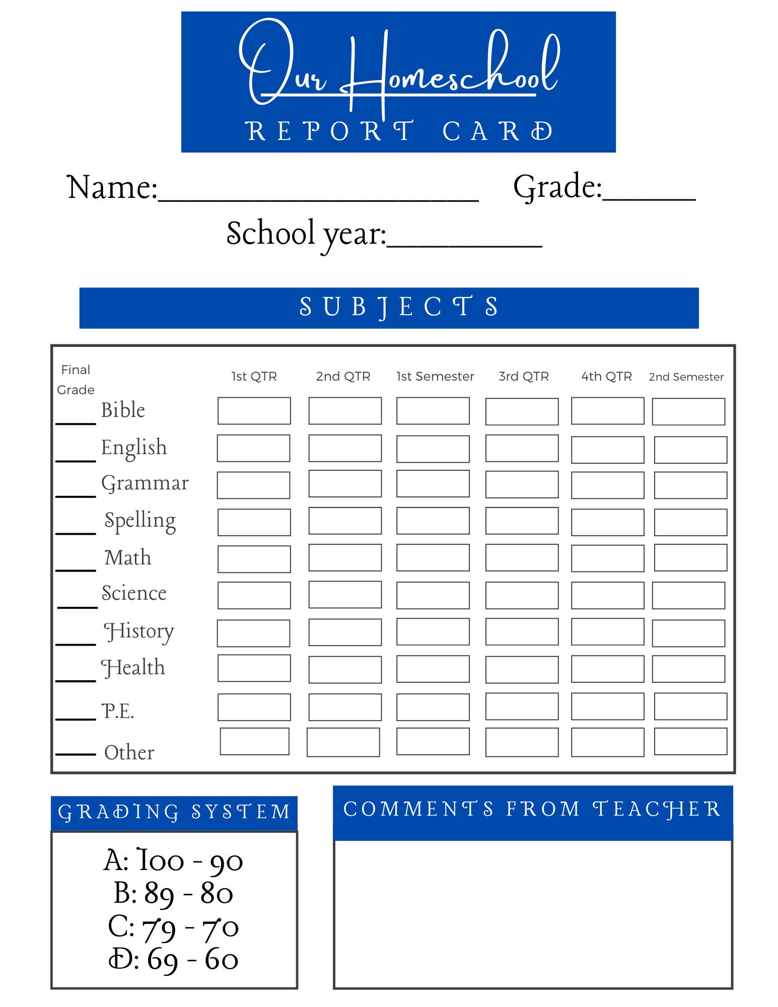 INSTANT DOWNLOAD Printable Homeschool Report Card - Blue - Etsy