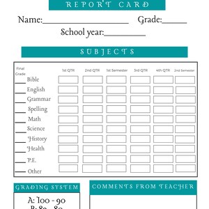 INSTANT DOWNLOAD Printable Homeschool Report Card - Teal - Etsy