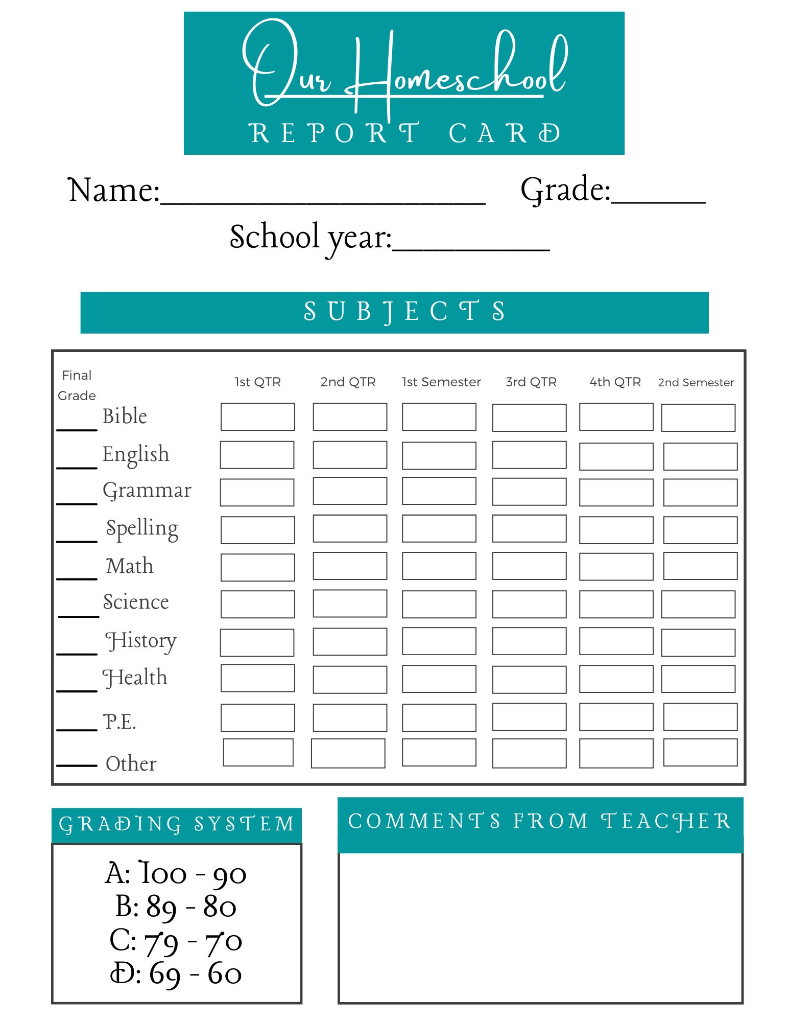 INSTANT DOWNLOAD Printable Homeschool Report Card - Teal - Etsy
