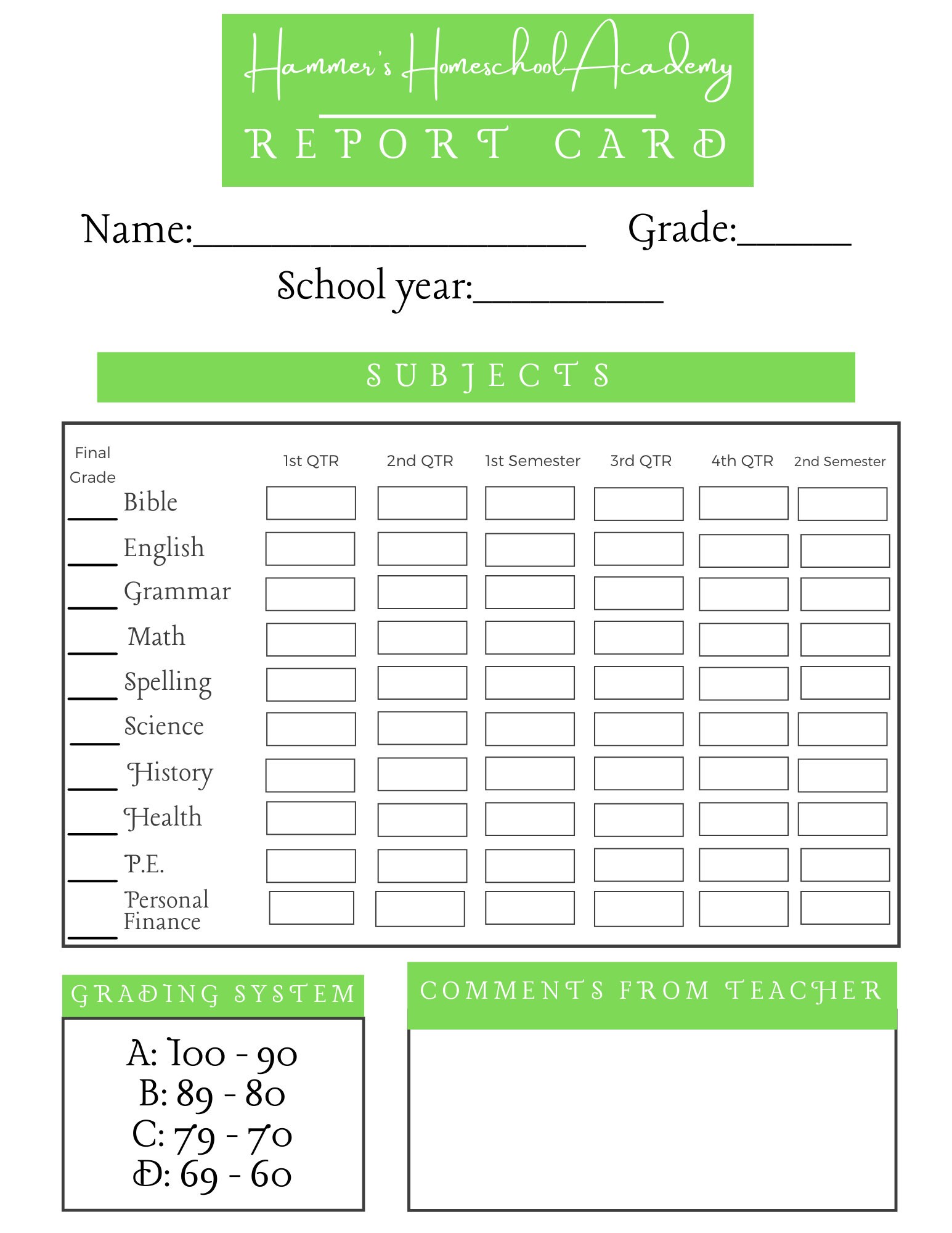 PRINTABLE Homeschool Report Card - Etsy
