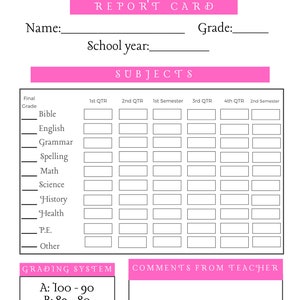 INSTANT DOWNLOAD Printable Homeschool Report Card - Pink - Etsy