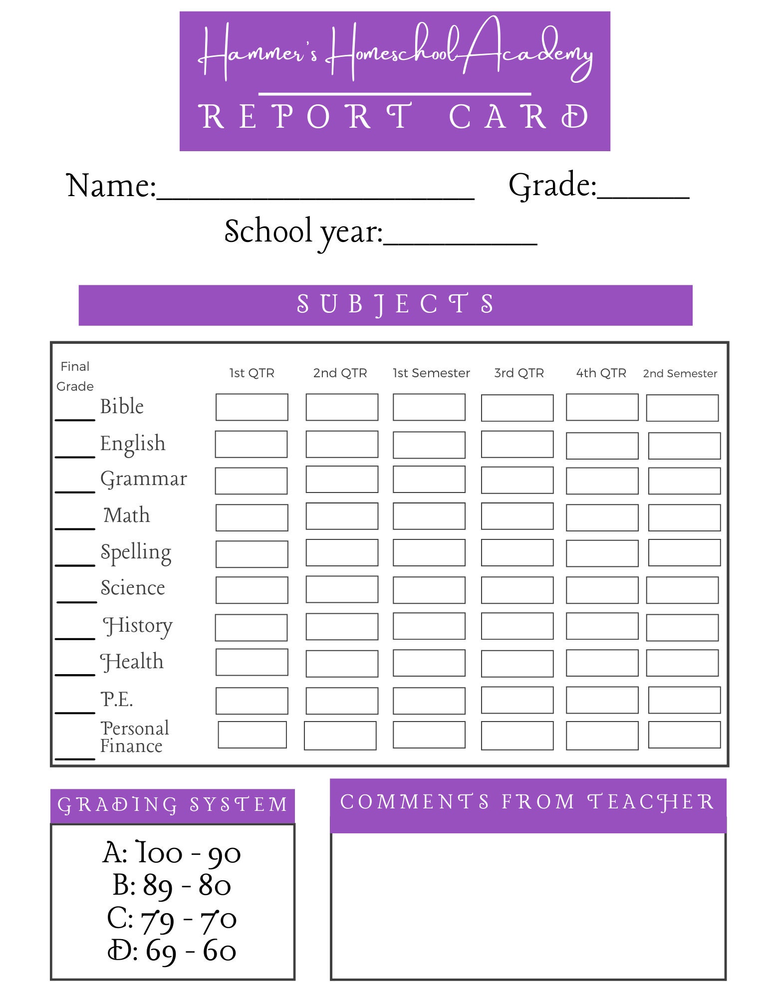 PRINTABLE Homeschool Report Card - Etsy