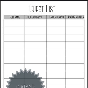 Printable Guest List, Instant Downloadable Guest List for Party ...