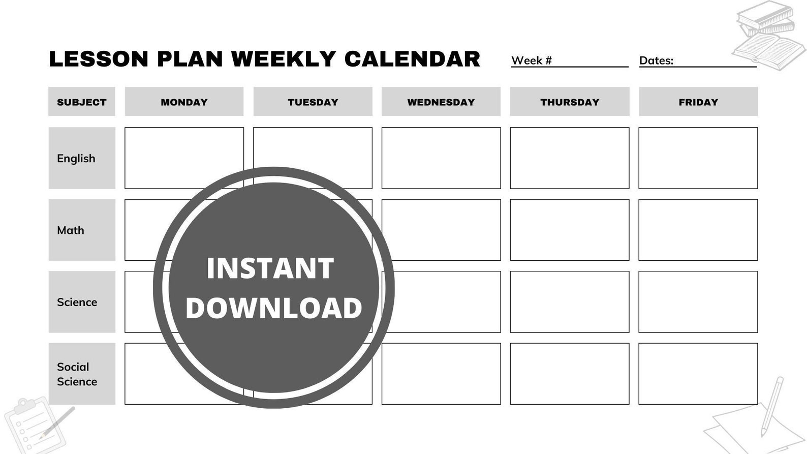 Blank Weekly Lesson Plan Calendar | Printable | Landscape | Weekly ...