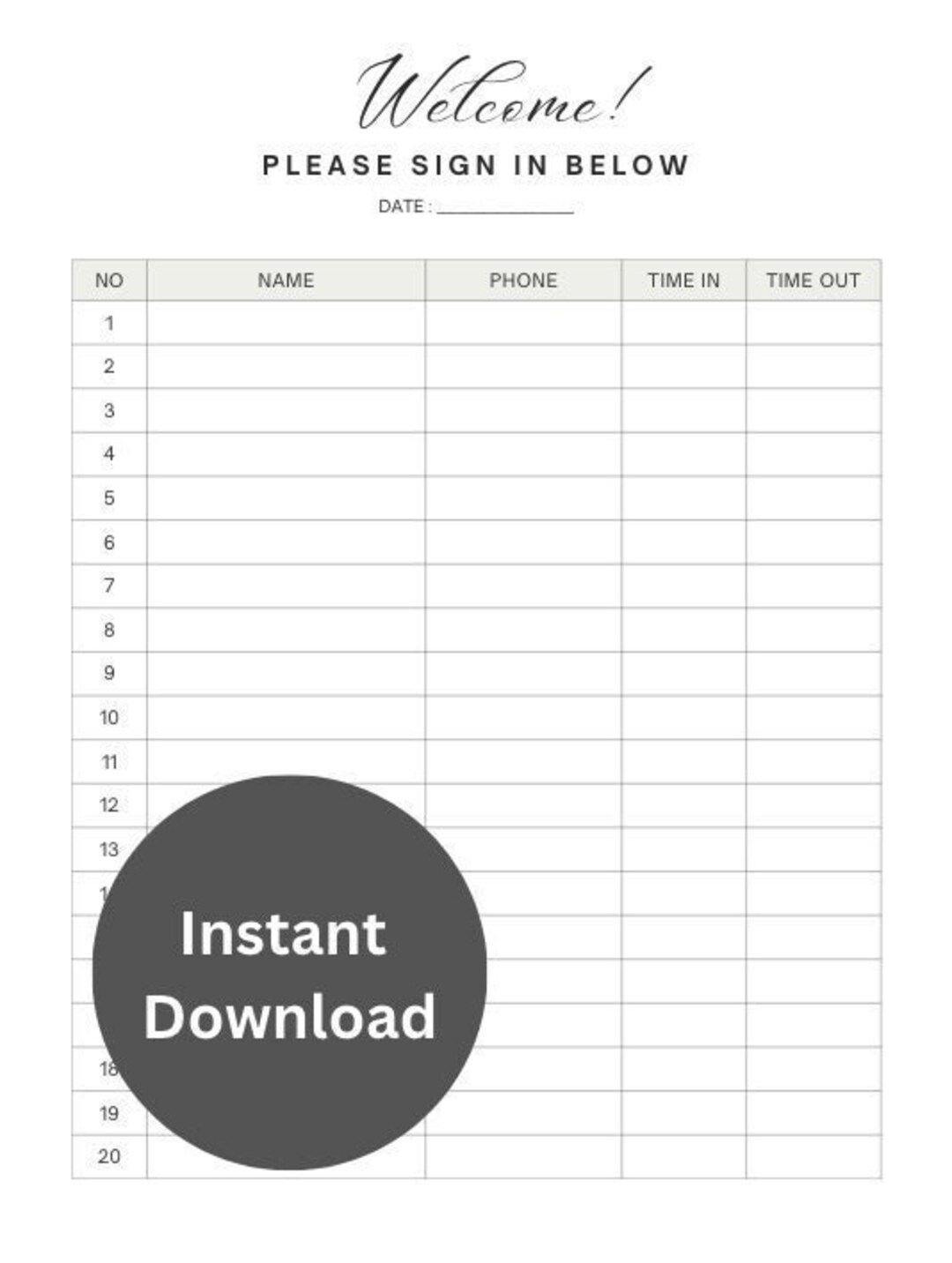 Welcome Please Sign in | Sign in Sheet | Instant Download | Printable ...