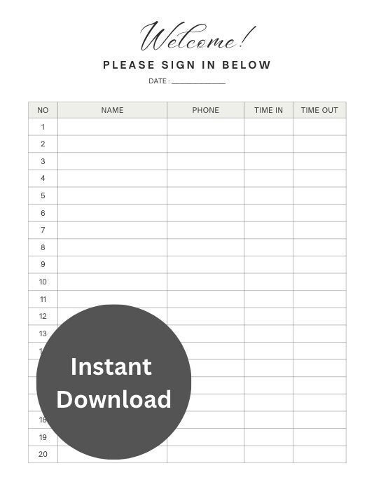 Welcome Please Sign in | Sign in Sheet | Instant Download | Printable ...