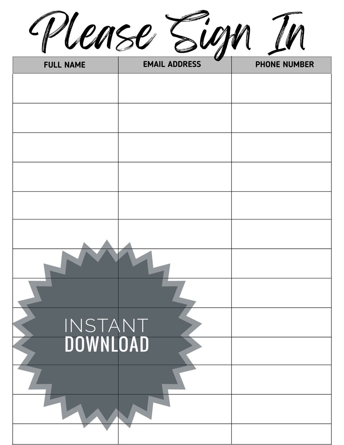 Please Sign in Sheet | Instant Download | Name | Email | Phone Number ...