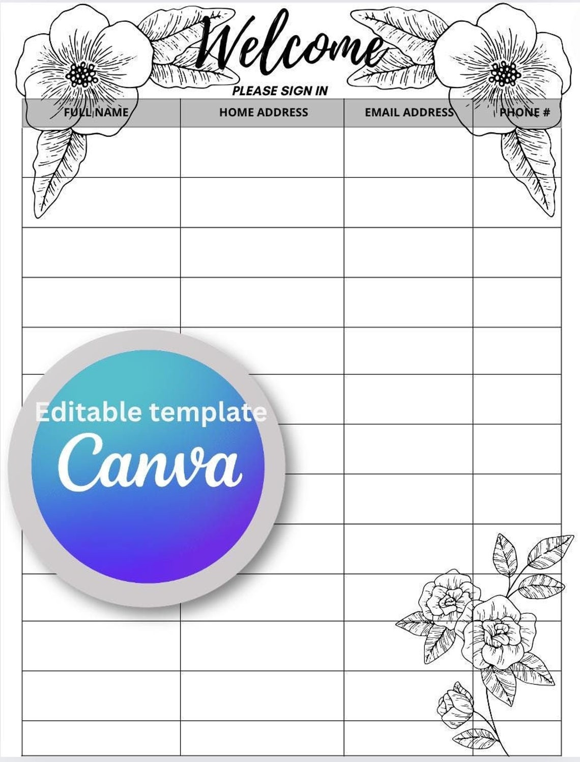 Printable Floral Sign in Sheet, Name, Address, Email, and Phone Number ...