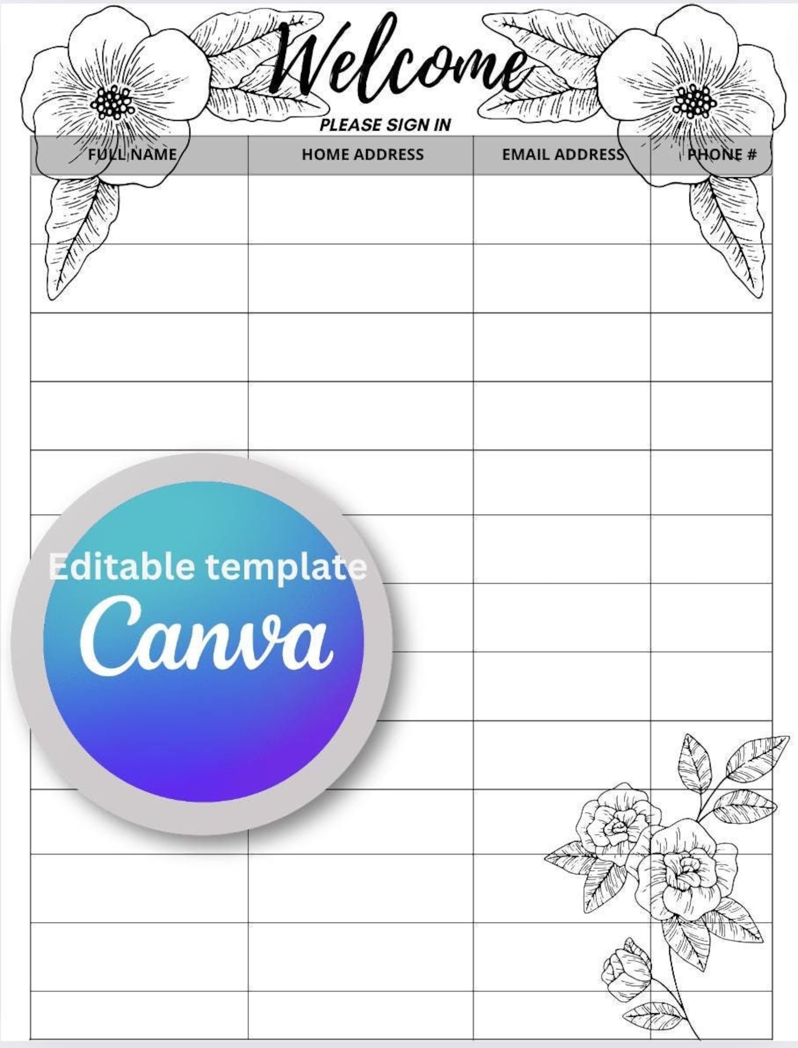 Printable Floral Sign in Sheet, Name, Address, Email, and Phone Number ...