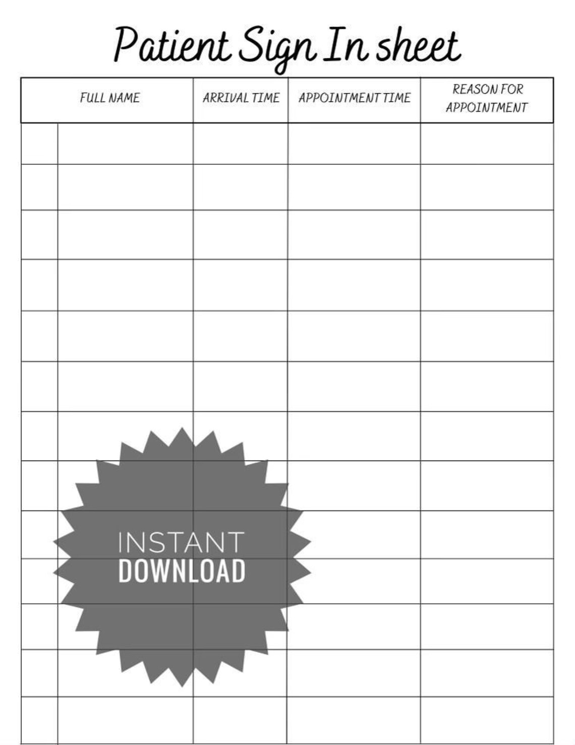 Patient Sign in Sheet | Instant Download | Full Name, Arrival Time ...