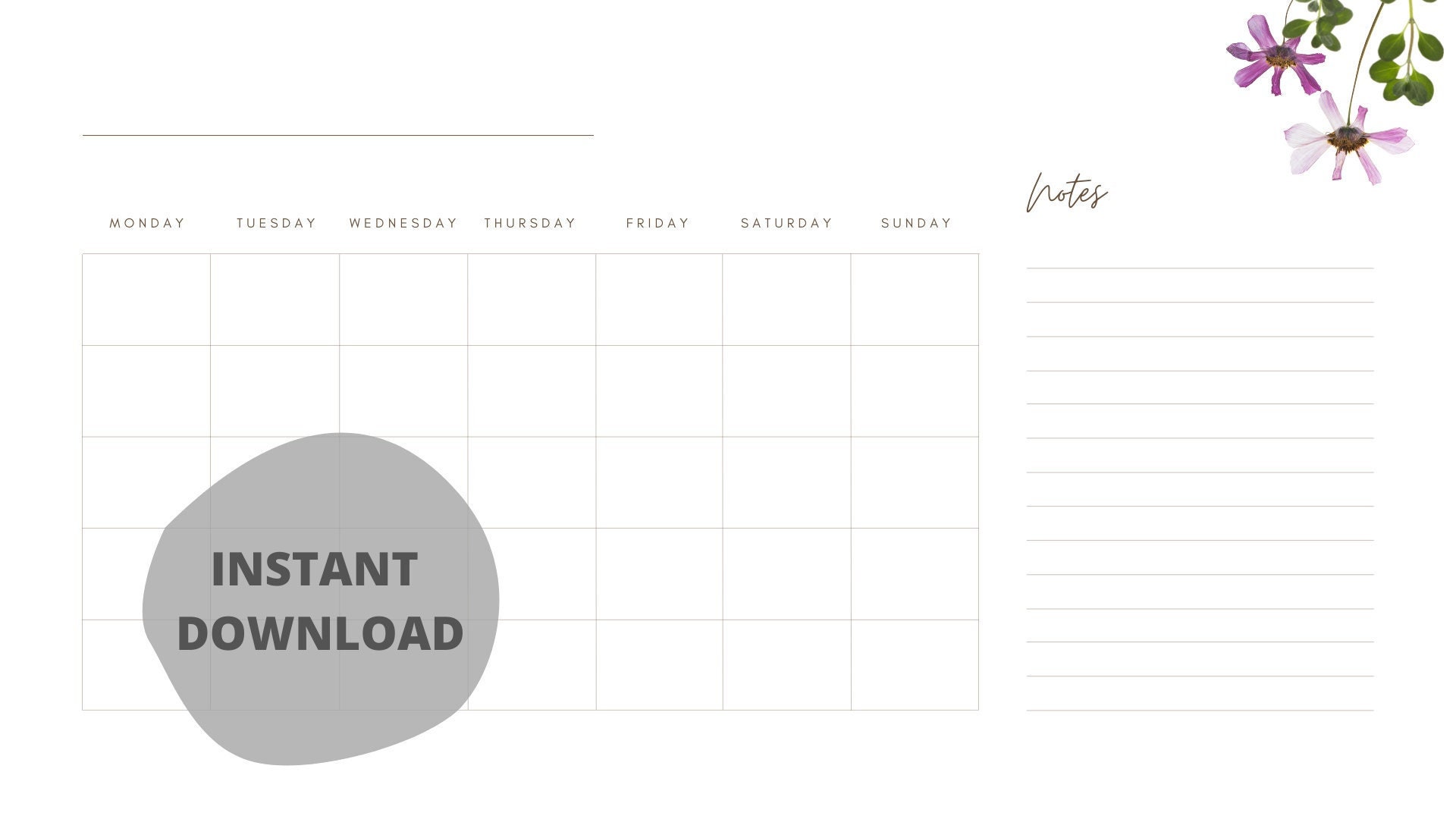 Blank Monthly Calendar | Printable | Landscape | Minimalist Calendar ...