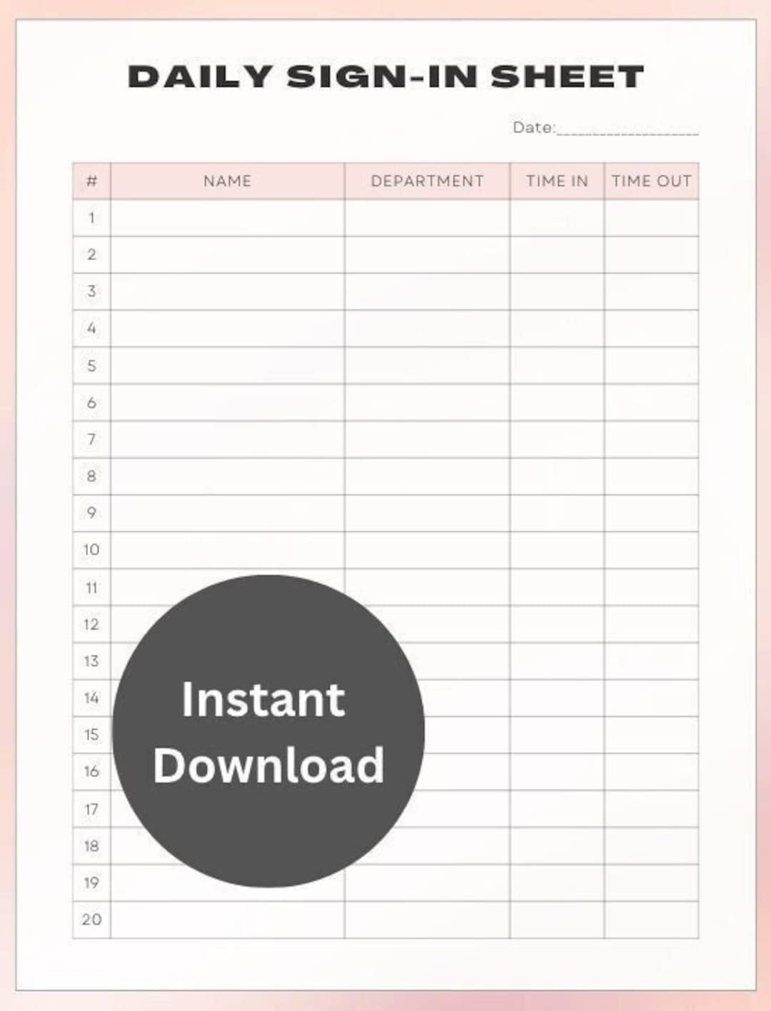 Daily Sign-in Sheet | Instant Download | Sign in Sheet With Name, Date ...