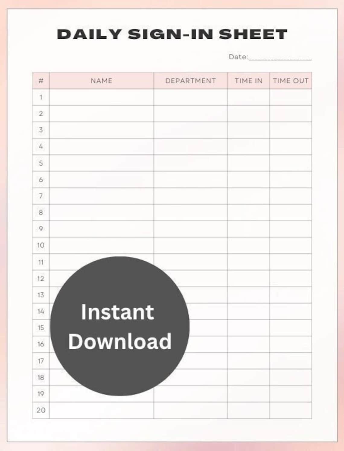 Daily Sign-in Sheet | Instant Download | Sign in Sheet With Name, Date ...