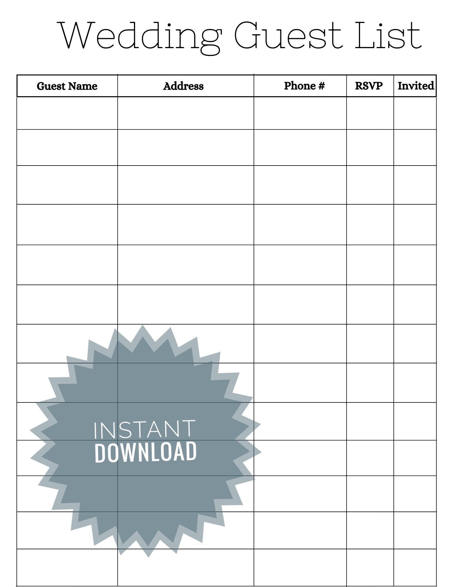 Simple Wedding Guest List Sign in Sheet | Name | Address | Phone Number ...