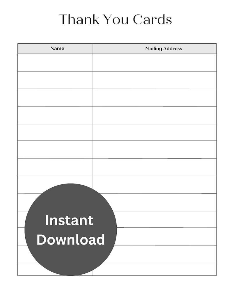 Thank You Card Name Tracker | Name | Address | Instant Download ...