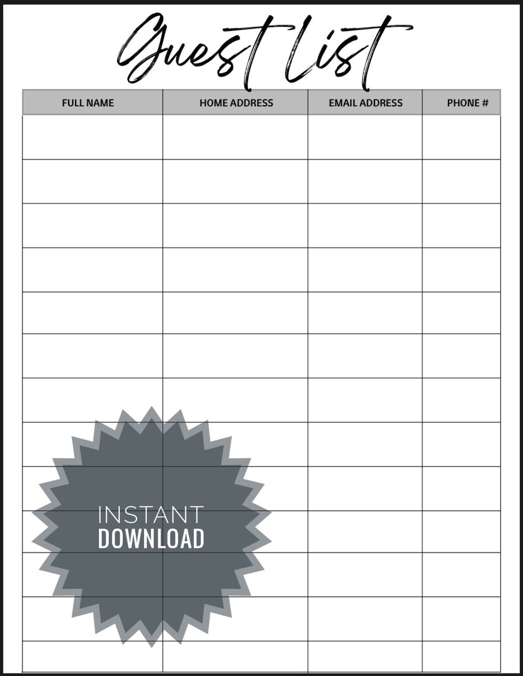Instant Downloadable Guest List, Sign in Sheet With Name, Address ...