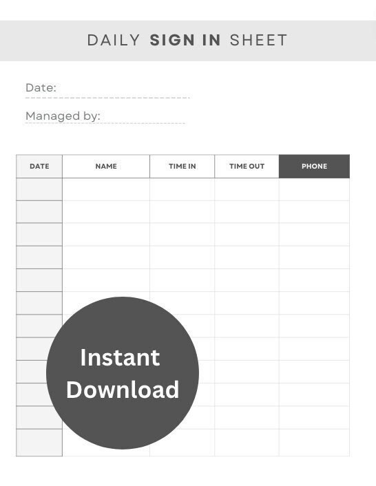 Daily Sign in Sheet | Name | Date | Time in and Out | Phone Number ...