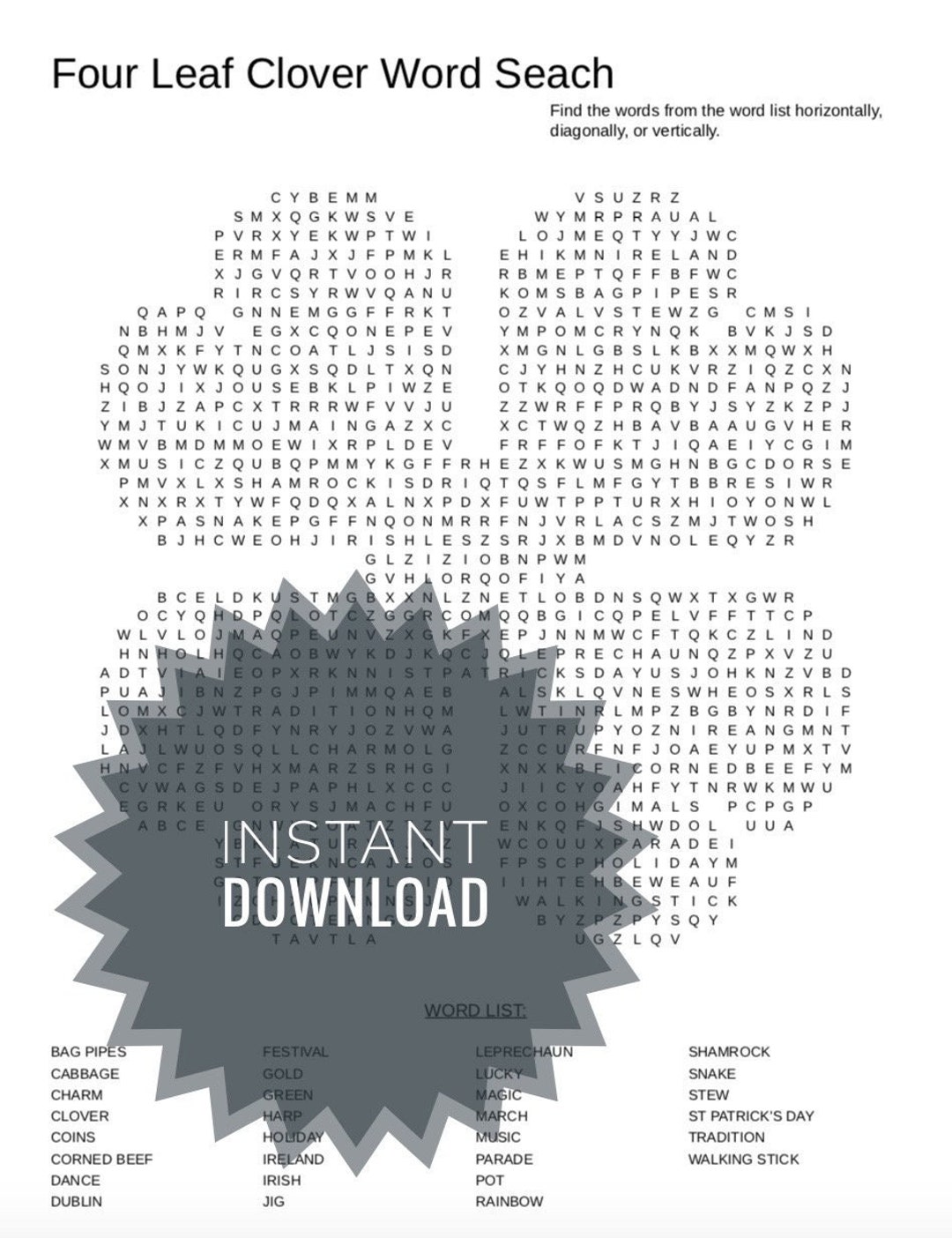 Four Leaf Clover Word Search | St Patrick's Day Word Search | Instant ...