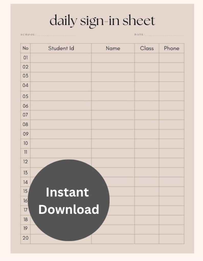 Sign in Sheet | Student ID | Name | Date | Class | Phone | Instant ...