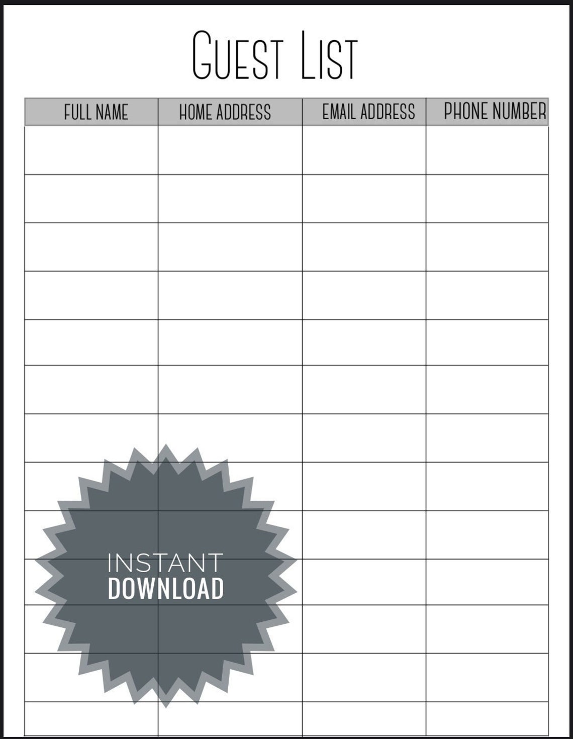 Printable Guest List, Instant Downloadable Guest List for Party ...