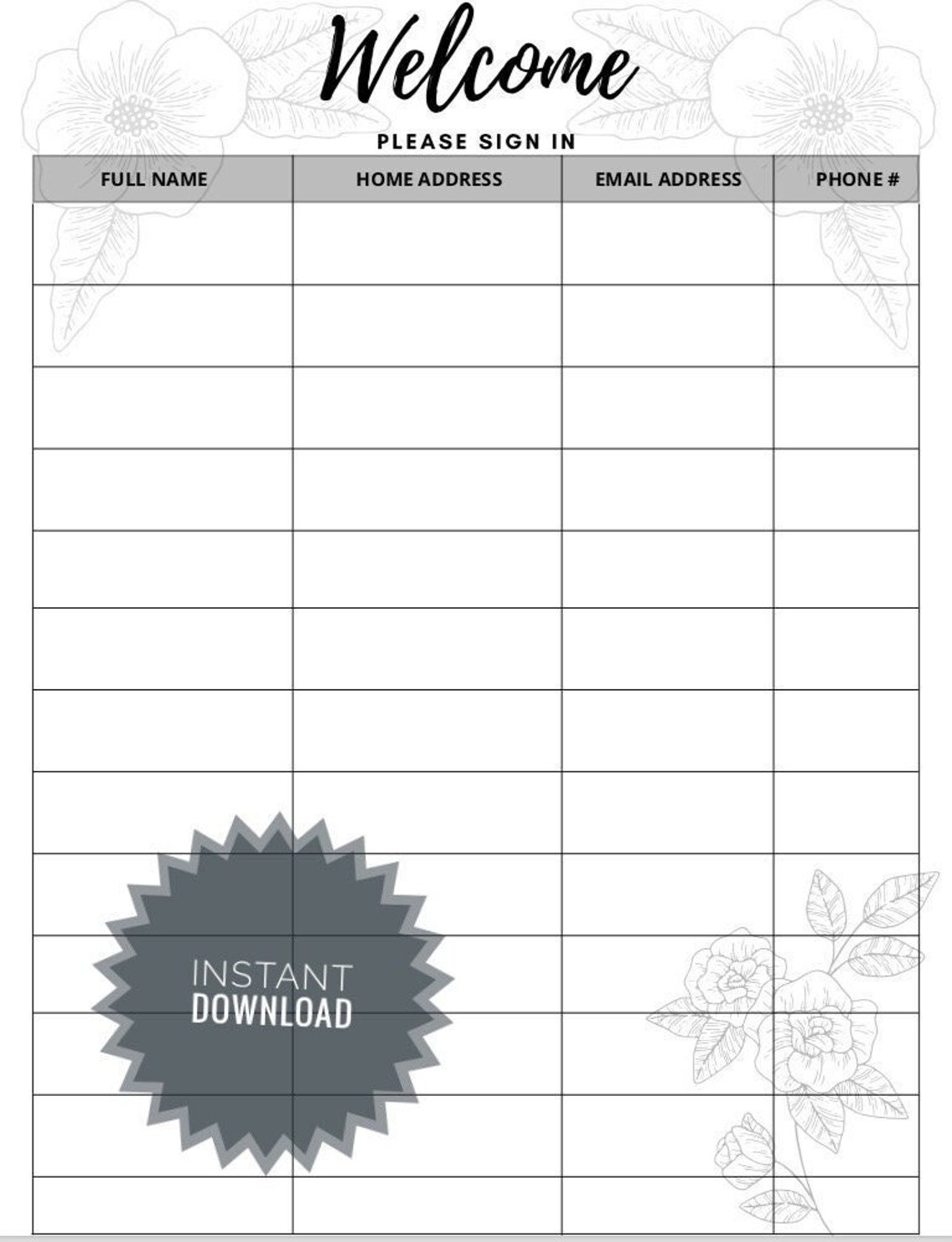 Printable Floral Sign in Sheet, Name, Address, Email, and Phone Number ...
