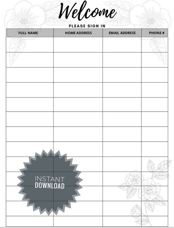 Printable Floral Sign in Sheet Name Address Email and | Etsy