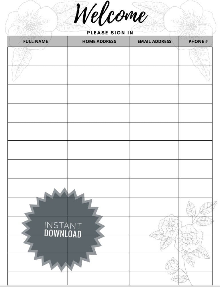 Printable Floral Sign in Sheet, Name, Address, Email, and Phone Number ...