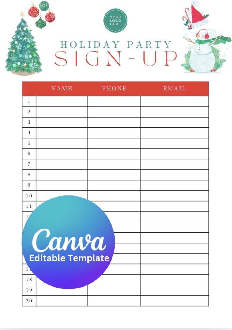 Holiday Sign in Sheet | Editable Template | Digital Printable ...