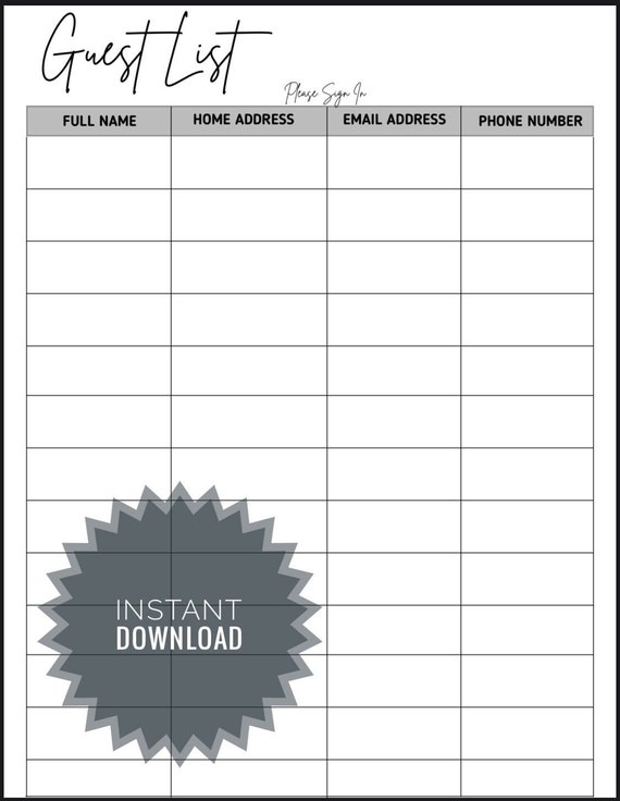 Digital Guest List Downloadable Guest List for Event Instant | Etsy