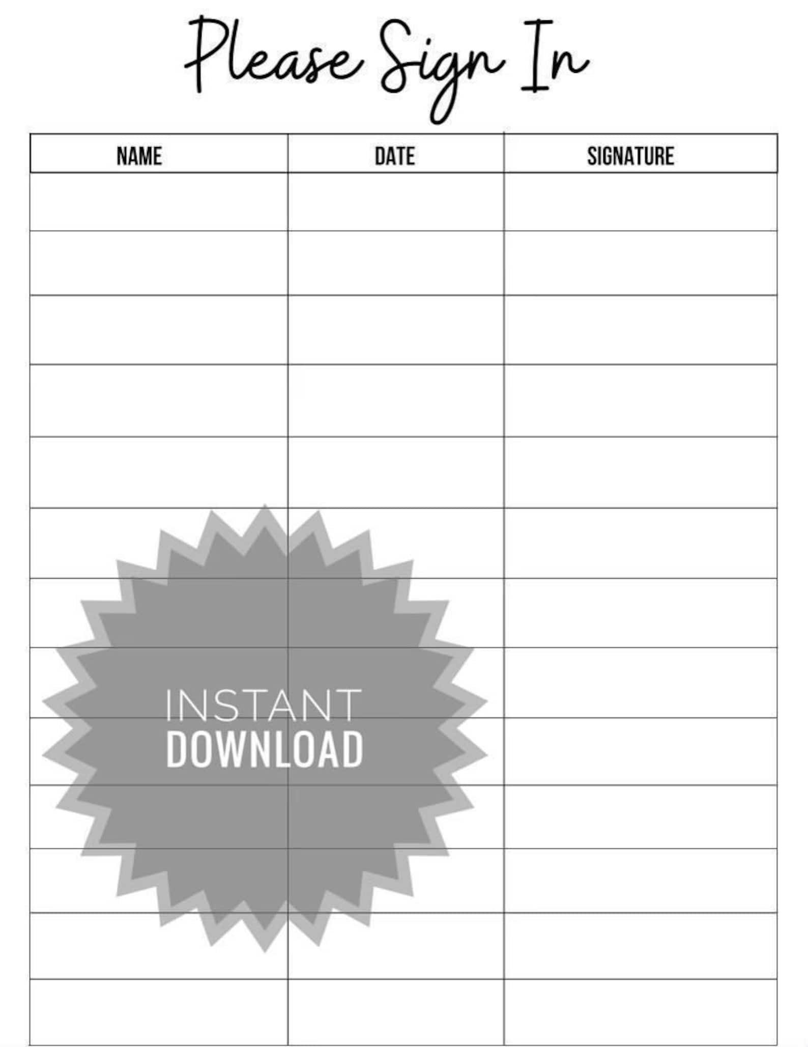 Sign in Sheet | Instant Download | Ready to Print | US Letter Sized ( 8 ...
