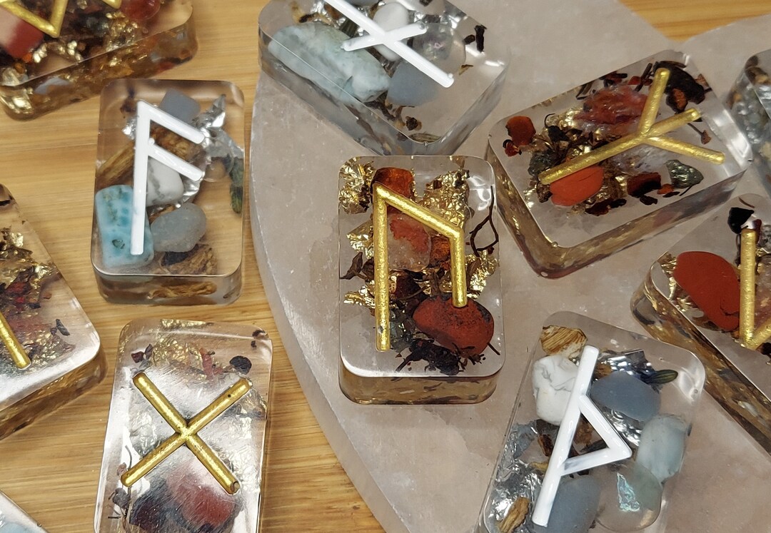 Rune Stone Set - "angel & Demon" Elder Futhark Resin Runes With Dried ...