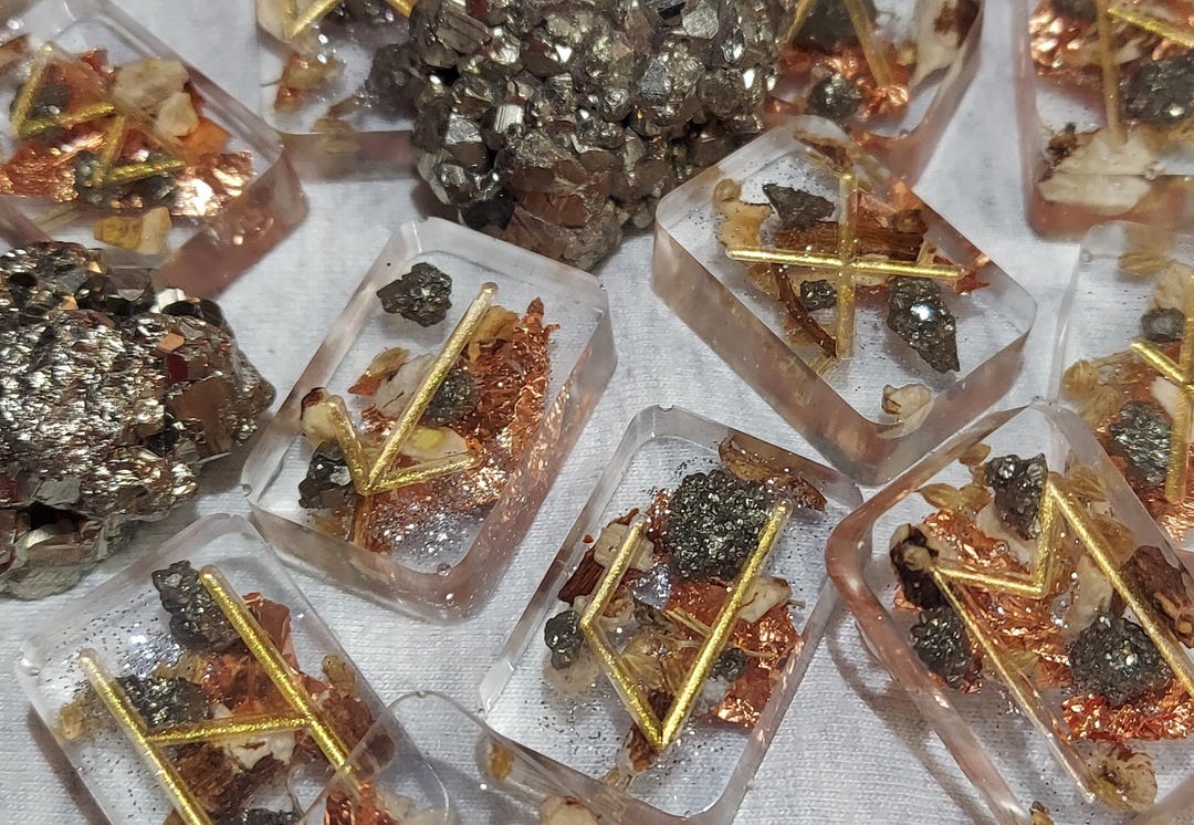 Rune Stone Set - "metallic" Pyrite, Dandelion Root, Elder Futhark Resin ...