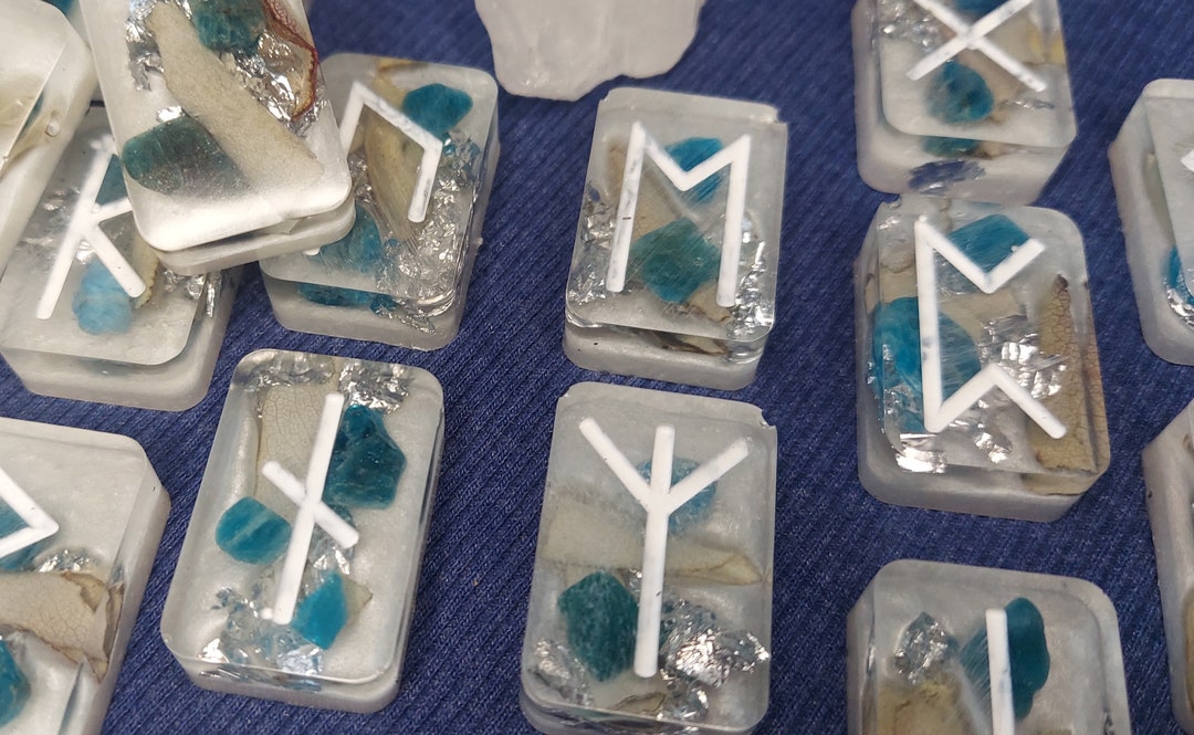Rune Stone Set - "poseidon" Blue Apatite, Sage & Silver, Elder Futhark ...