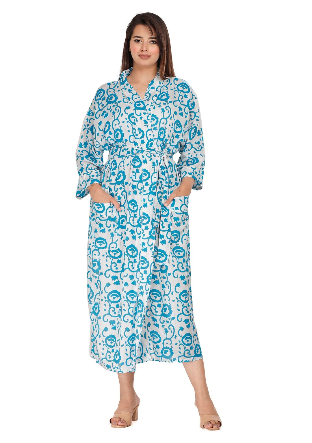 Pure Cotton Handprinted House Robe Tropical Kimono Pastel Aqua ...