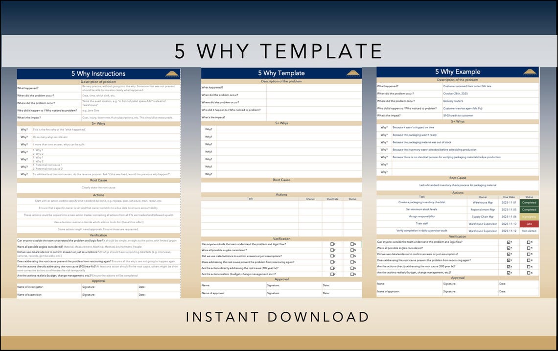 5 Whys Root Cause Analysis Template | Lean Six Sigma Problem Solving ...
