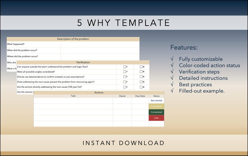 5 Whys Root Cause Analysis Template | Lean Six Sigma Problem Solving ...