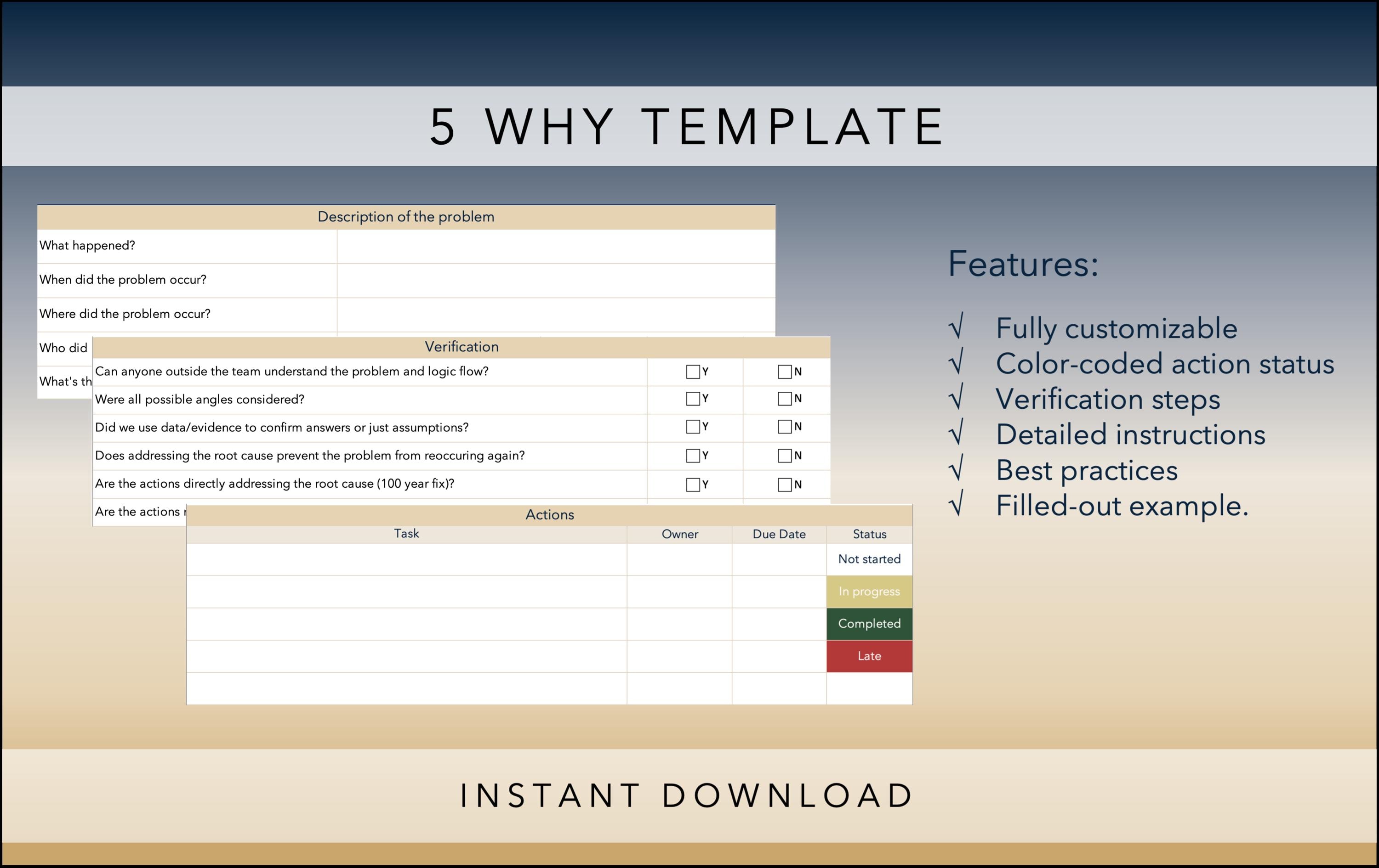 5 Whys Root Cause Analysis Template | Lean Six Sigma Problem Solving ...