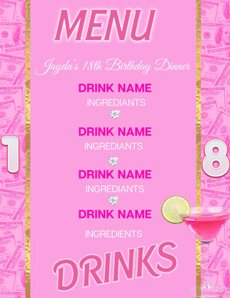 Menu Pink Menu Printable editable Menu Template Digital - Etsy